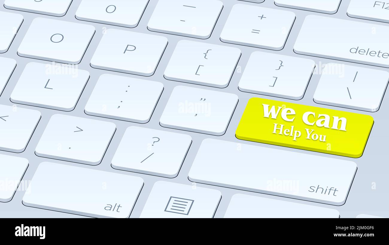 close up White keyboard Yellow button written we can help you, we can ...