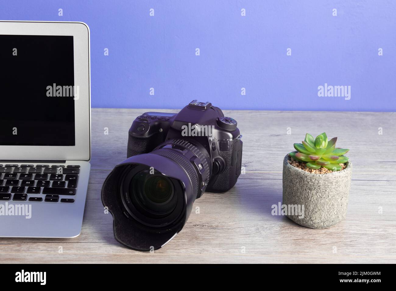 The photographer workstation with a camera, laptop and potted plant on ...