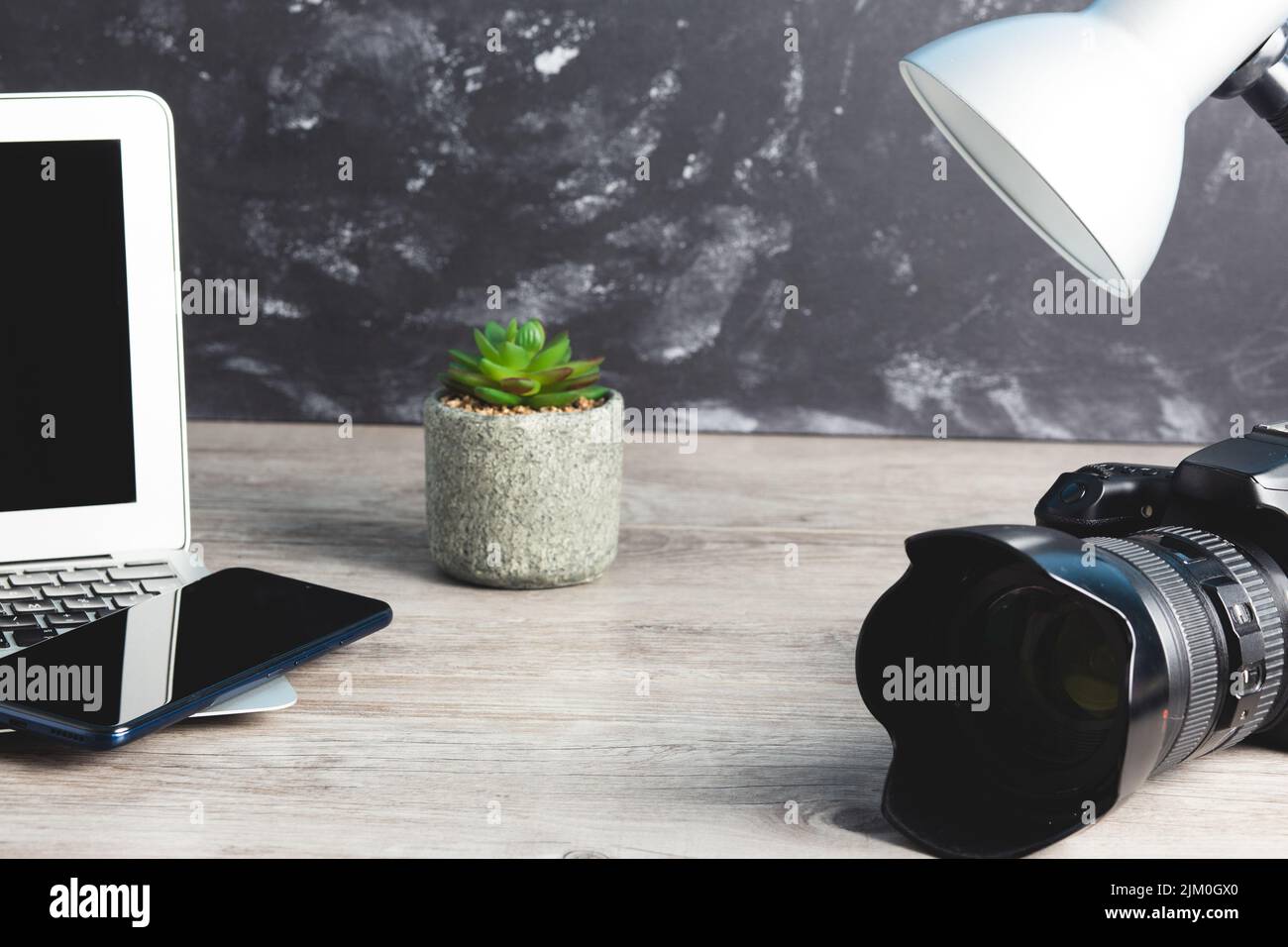 The photographer workstation with a camera, laptop, potted plant on the ...