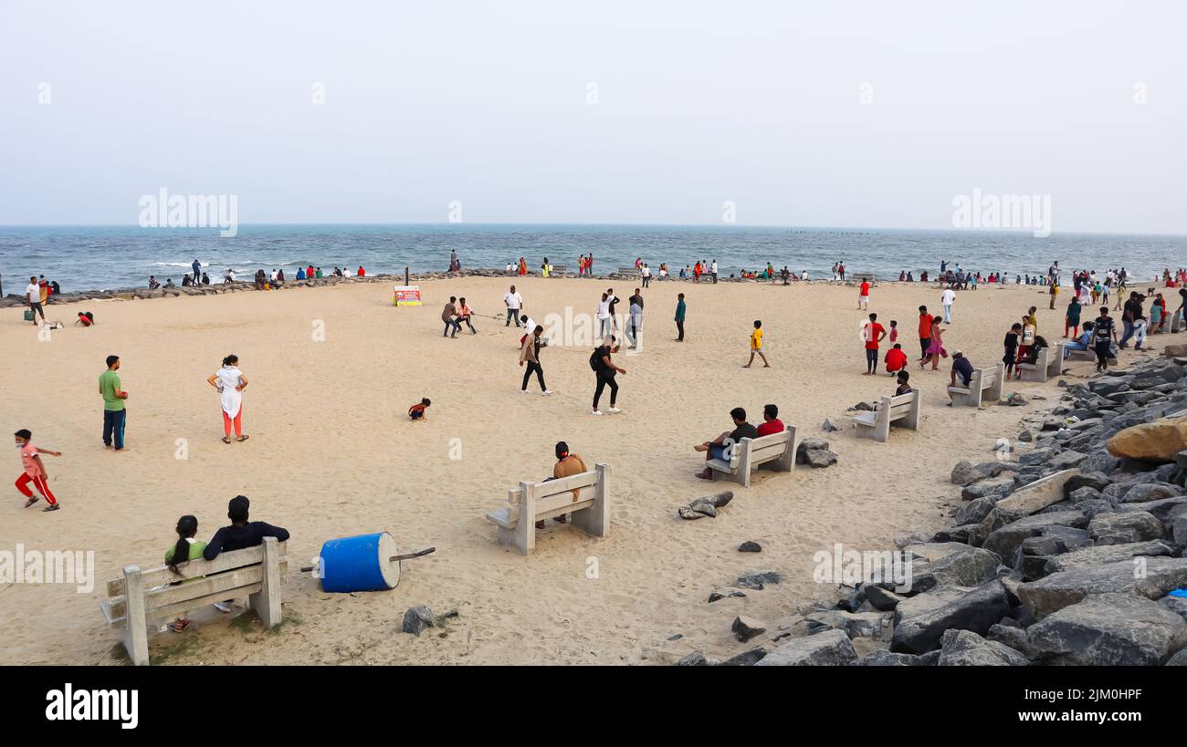 People at Serenity Beach in the evening, Pondicherry now known as ...
