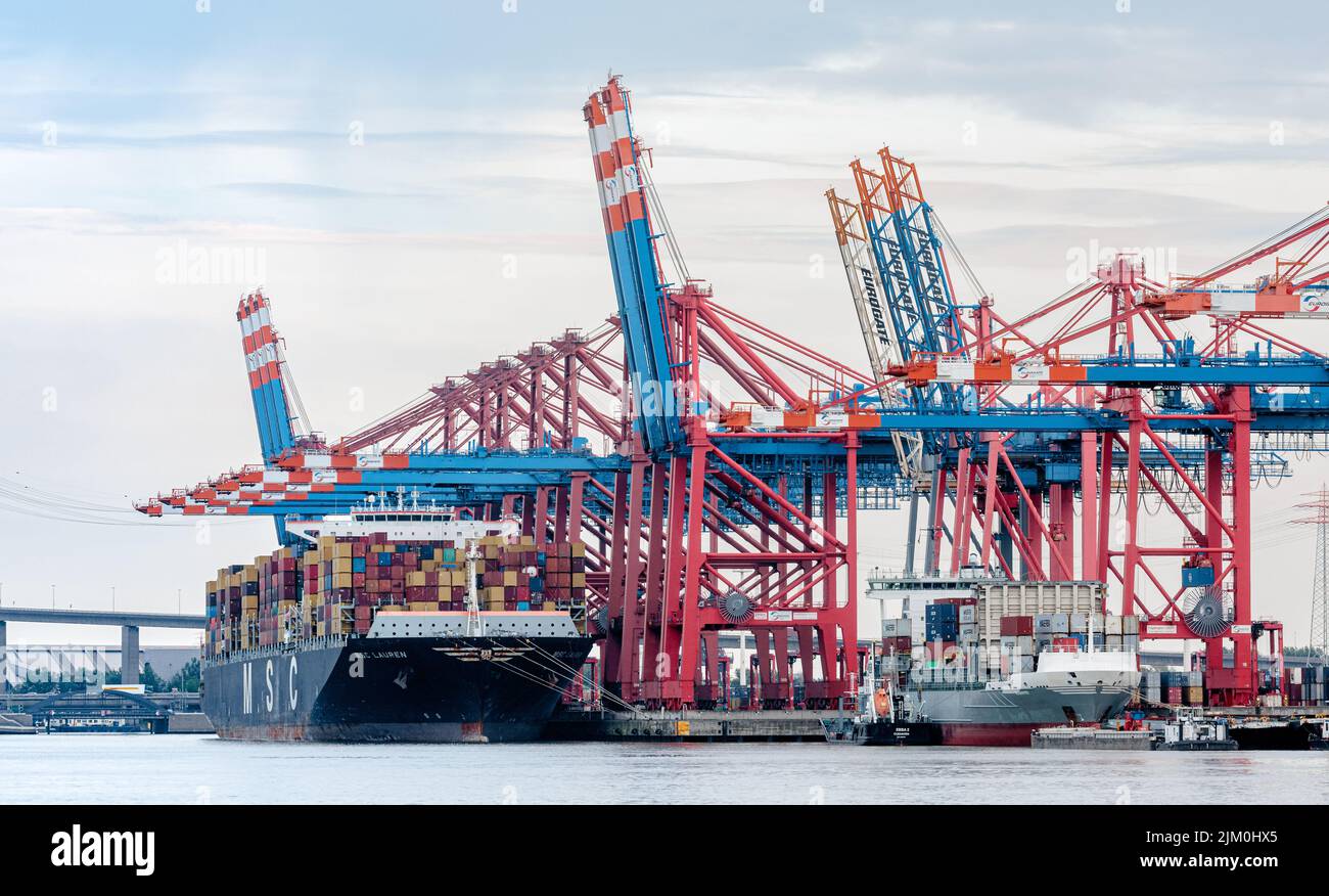 Hamburg, Germany. 02nd Aug, 2022. Two container ships are moored at the ...