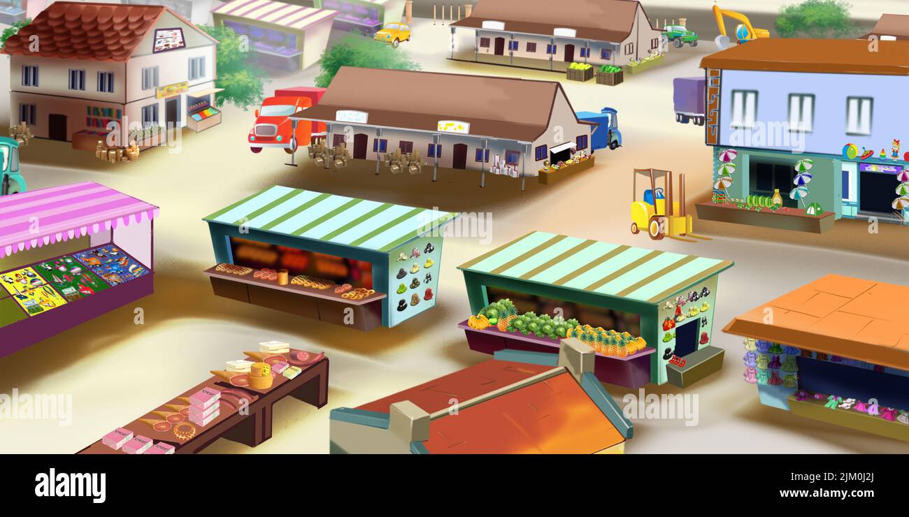 Market square in a small town. Digital Painting Background ...