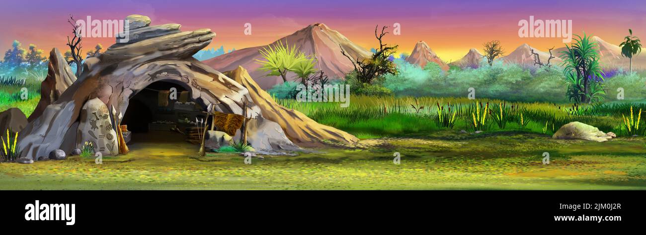Caveman cave in prehistoric era. Digital Painting Background ...