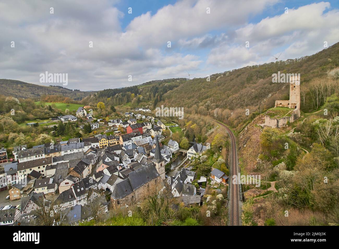 An aerial view of the village Monreal in the region of the Eifel in ...