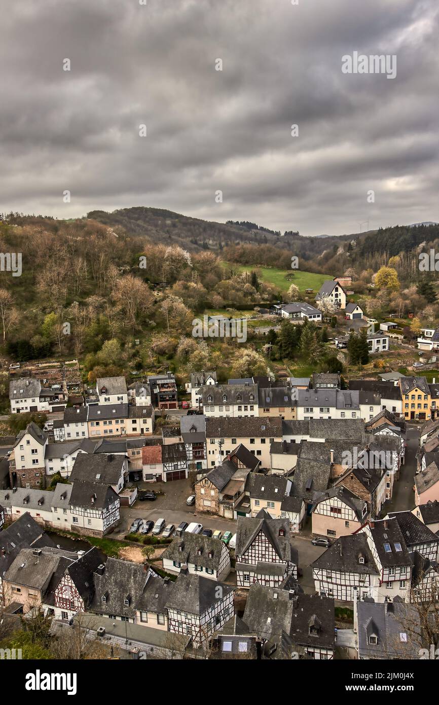 An aerial view of the village Monreal in the region of the Eifel in ...