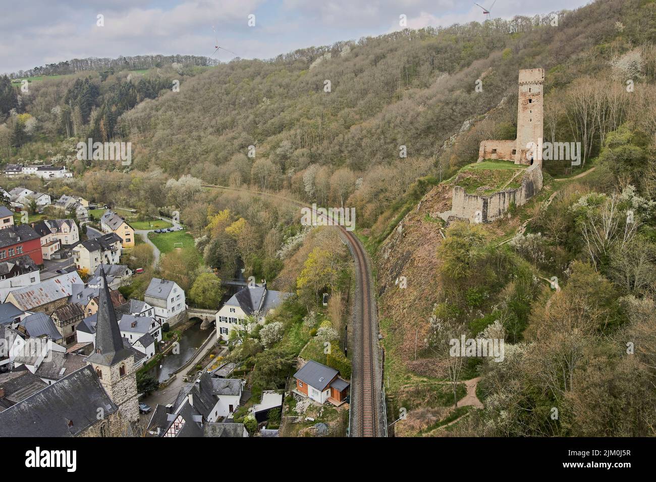 An aerial view of the village Monreal in the region of the Eifel in ...