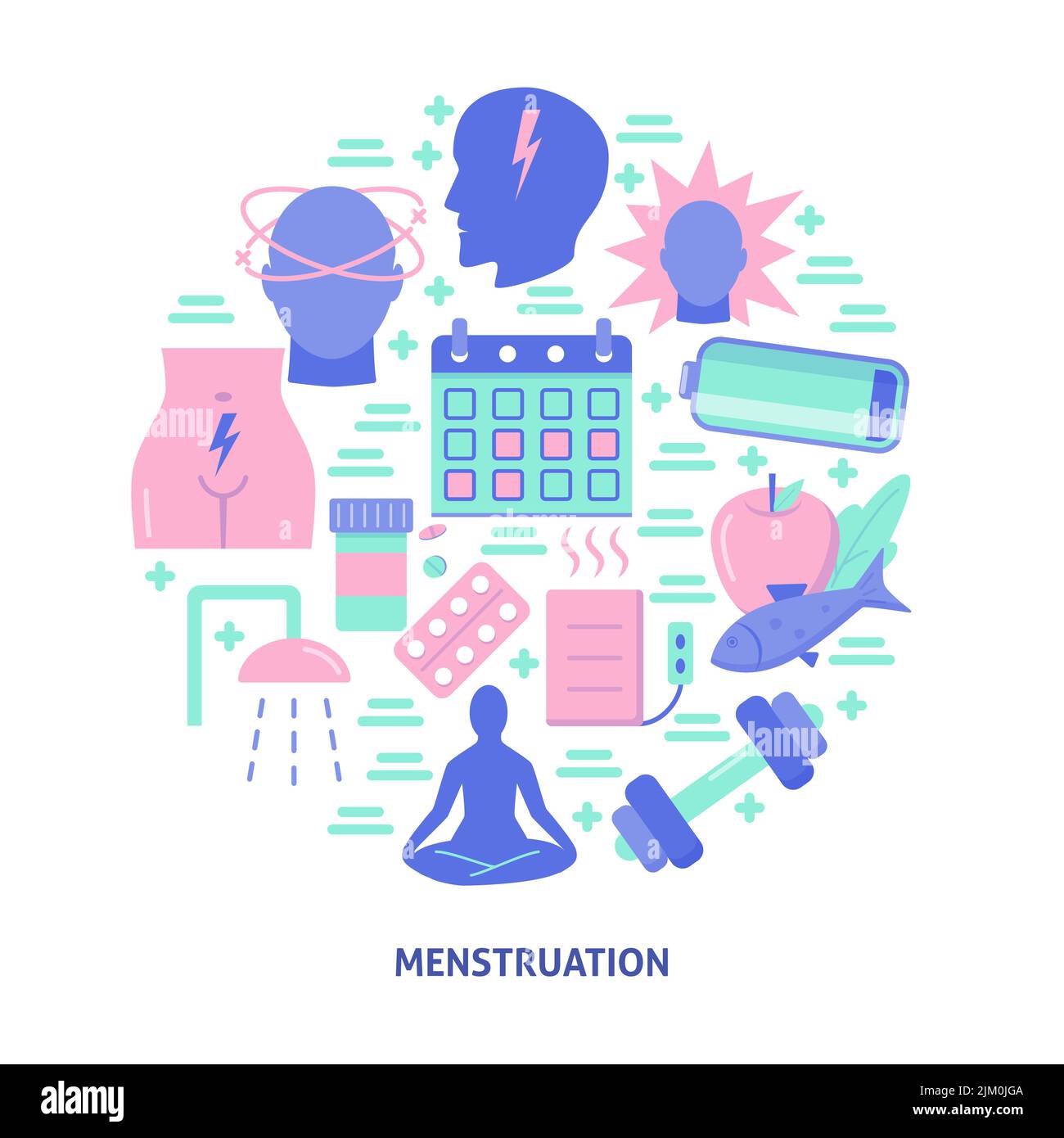 Menstruation round concept banner in flat style. Menstrual pain ...