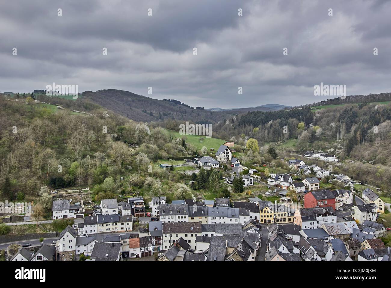 An aerial view of the village Monreal in the region of the Eifel in ...