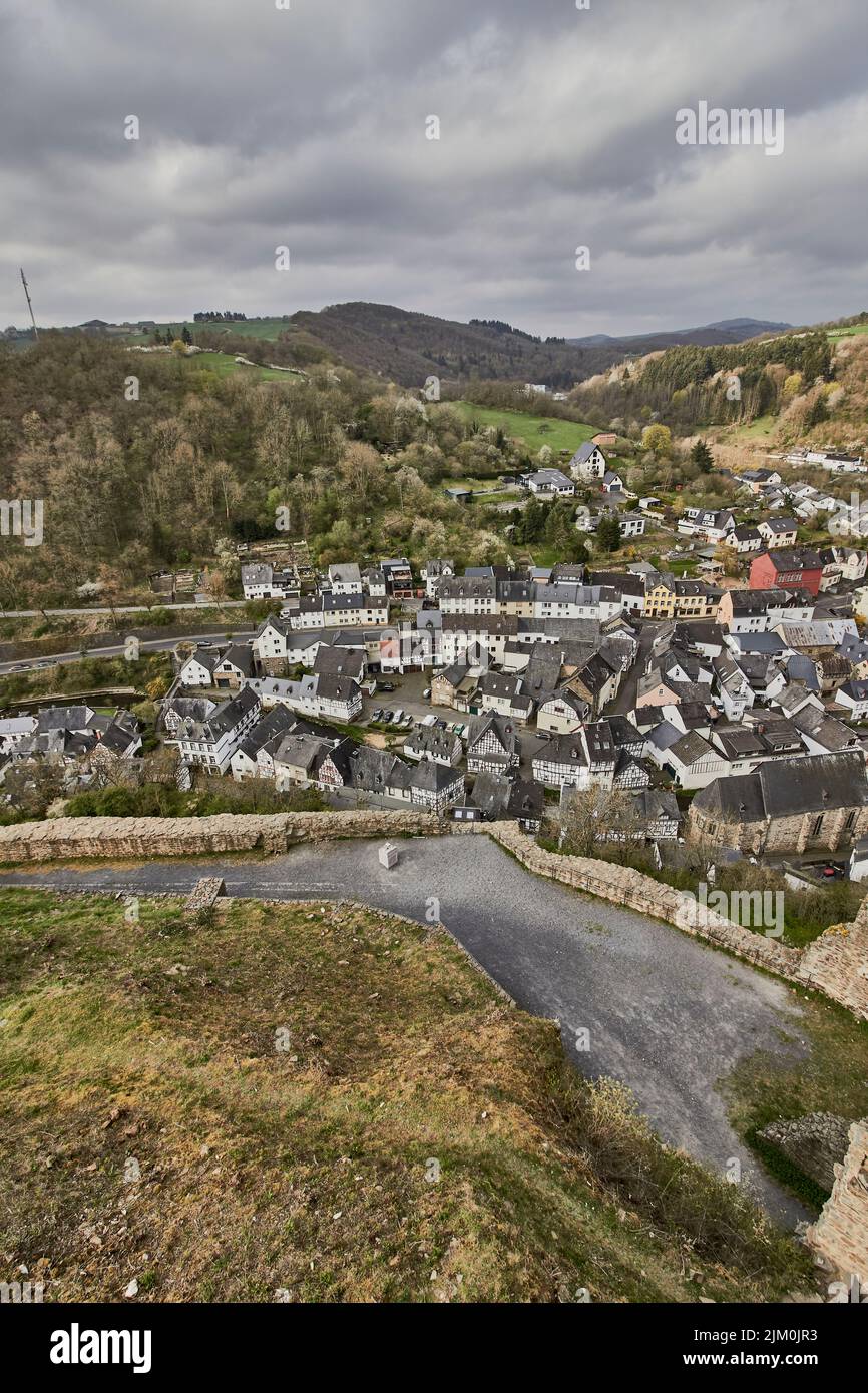 An aerial view of the village Monreal in the region of the Eifel in ...