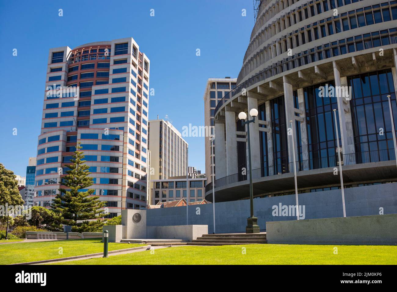 The Beehive and High Rise buildings in downtown Wellington Stock Photo ...