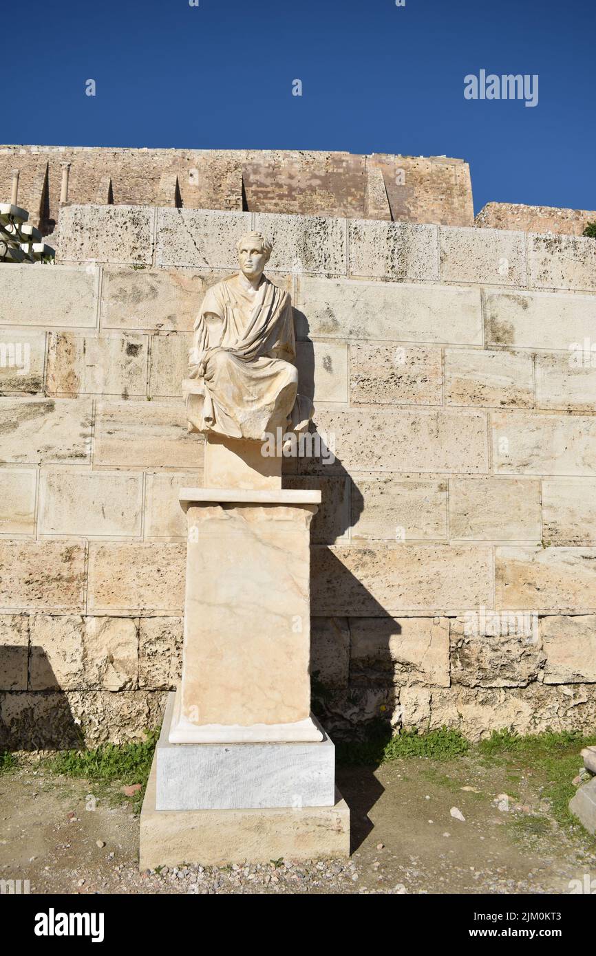 A vertical shot of an ancient statue of Menander at the historic ...