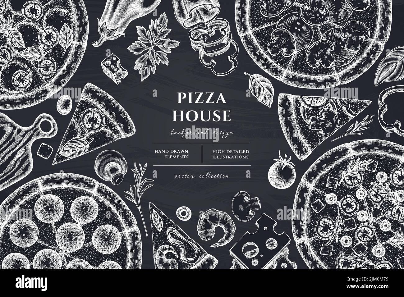 Pizza hand drawn illustration design. Background with chalk greek ...