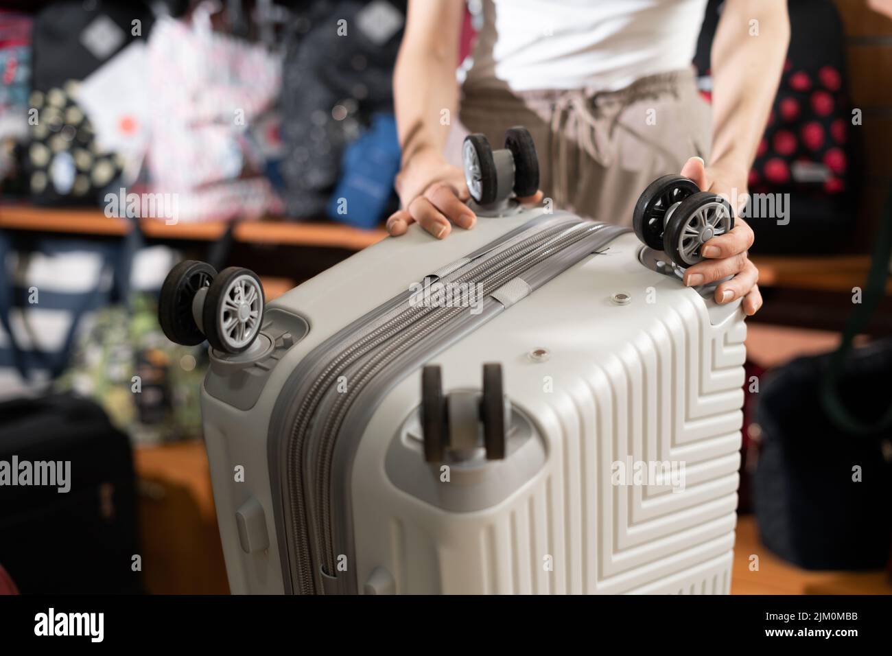 female customer choosing travel suitcase in haberdashery shop, wheels ...