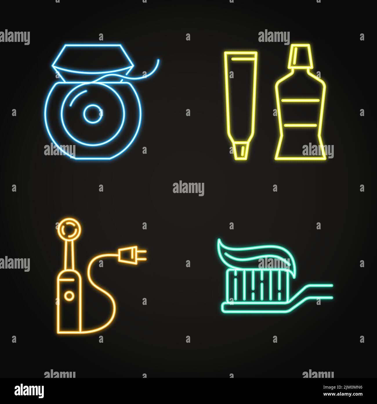 Teeth hygiene icon set in neon line style. Toothbrush, toothpaste and ...