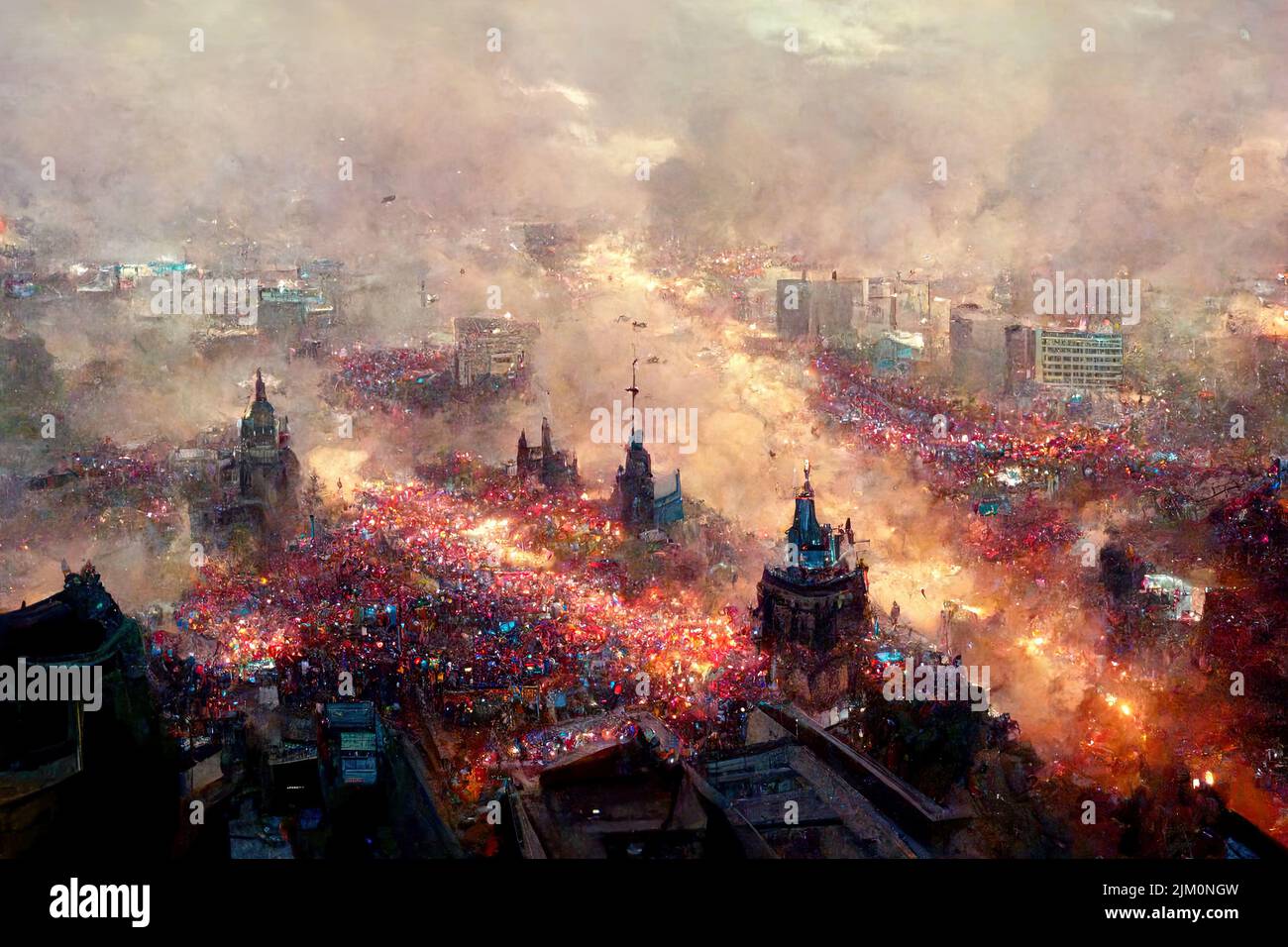 Painting aerial view of a city full of riots Stock Photo - Alamy