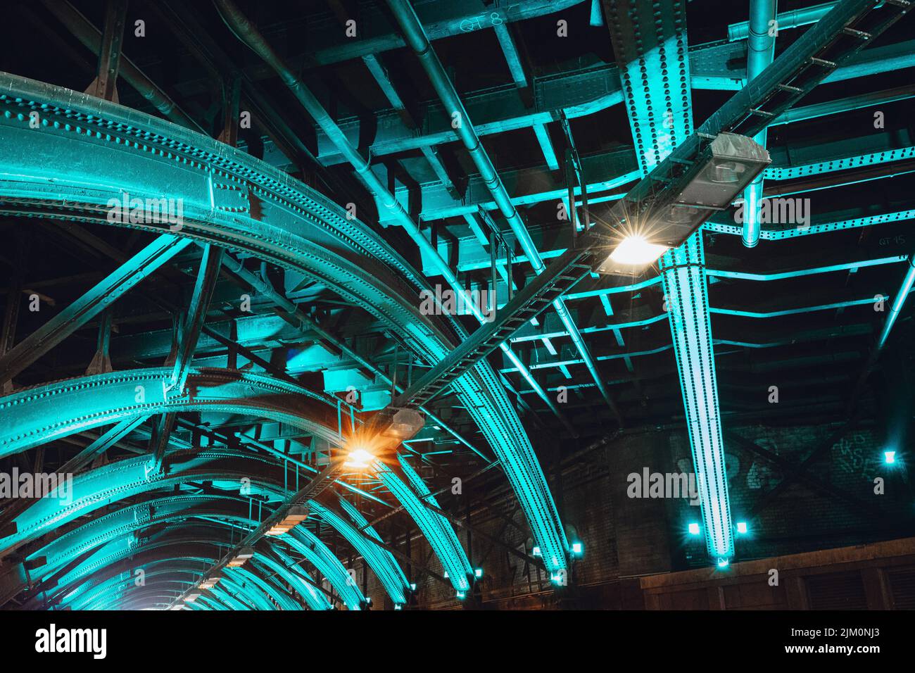 The exterior part of a building, a metal pipe architecture with blue ...