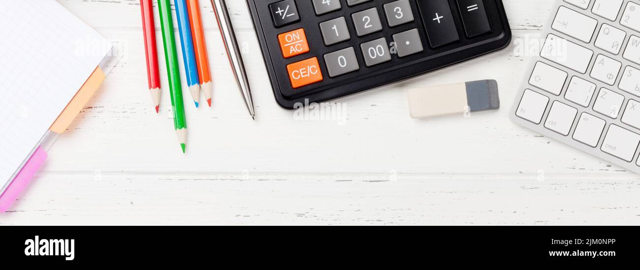 Office wooden workplace backdrop with supplies and computer. Flat lay ...
