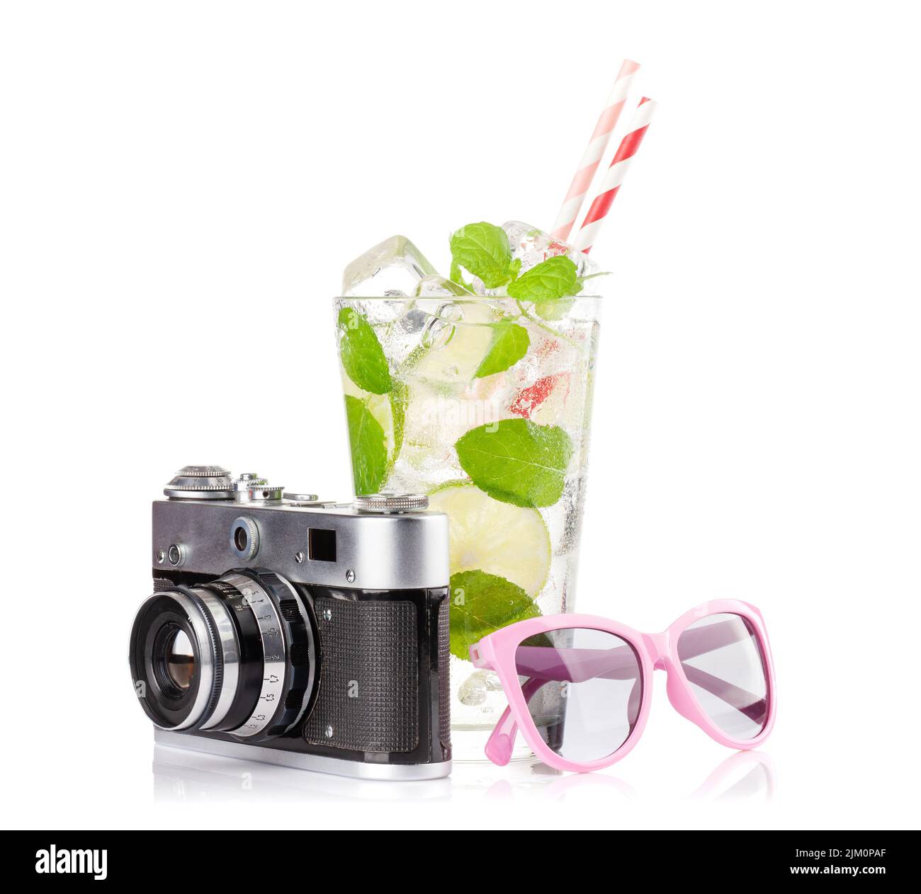 Mojito cocktail, camera and sunglasses. Isolated on white background ...