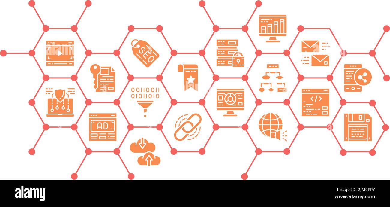 SEO icon banner concept. Bookmark, Hosting, Hyperlink, Advertisement ...