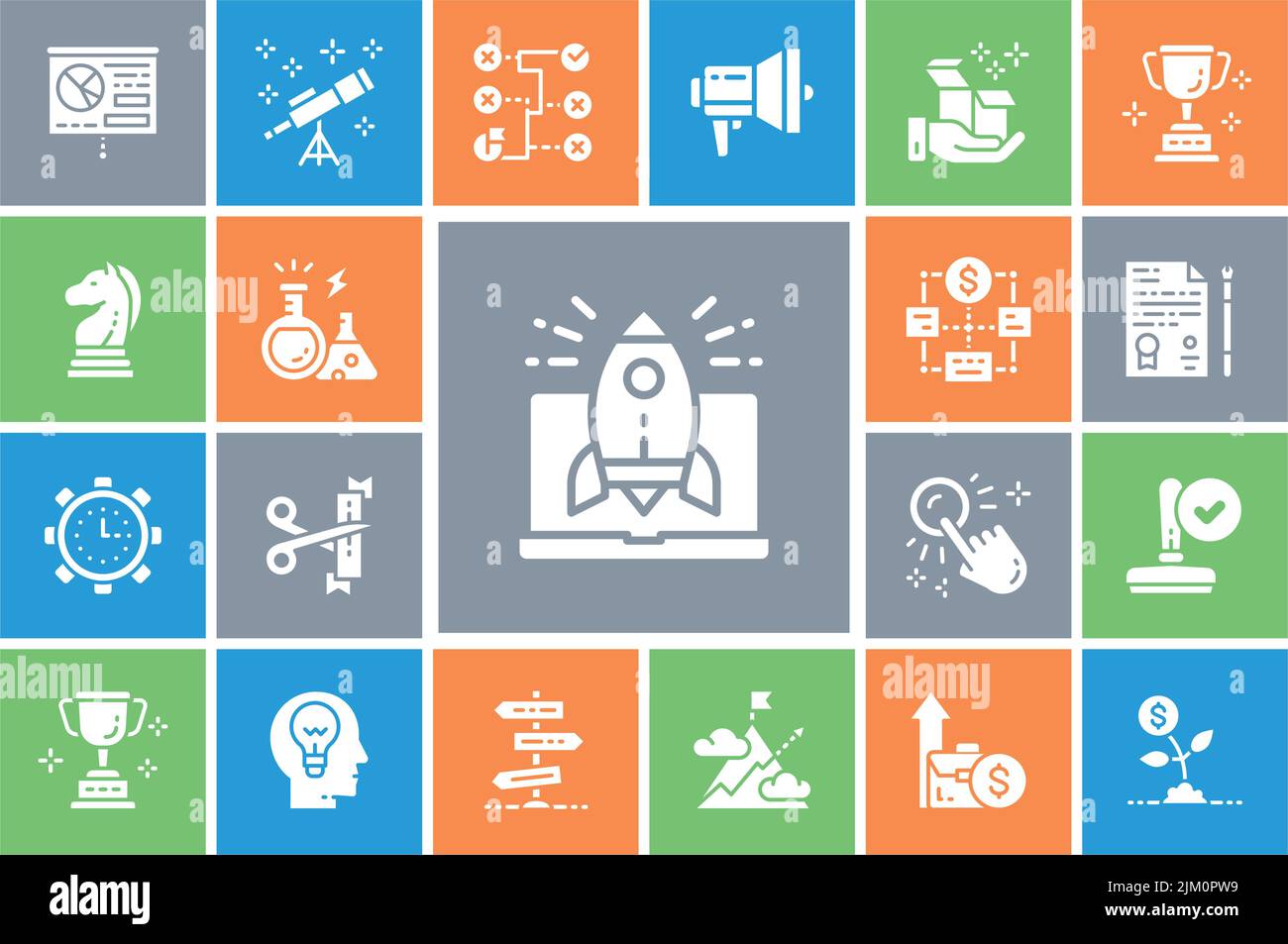 Start up icons set. Time management, idea generation, presentation ...