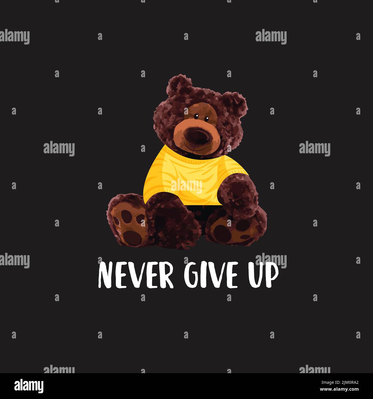 Never Give Up Slogan. Cute brown bear doll vector illustration on black ...