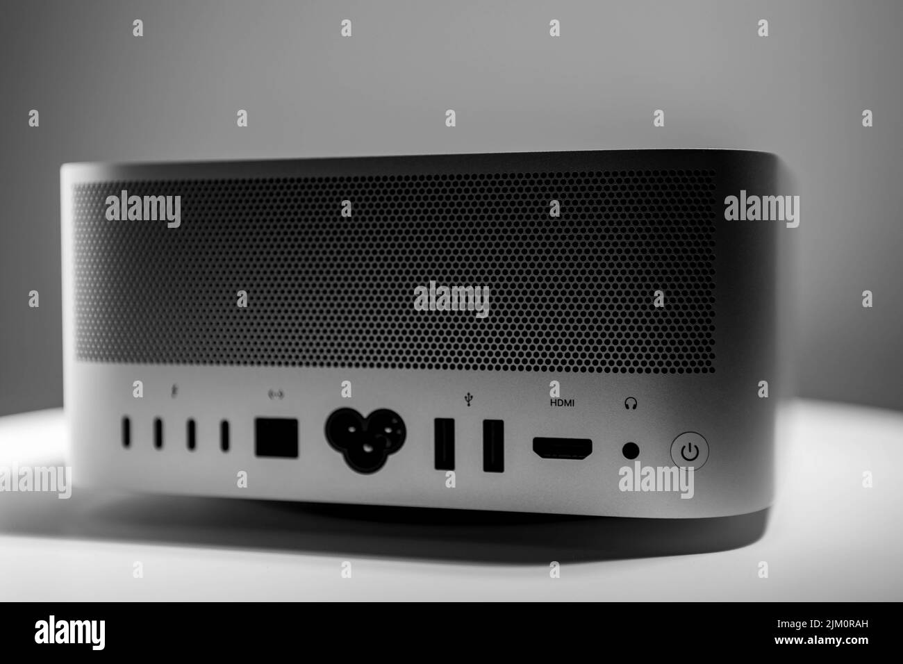 Slightly slanted low key still life of new desktop computer system ...