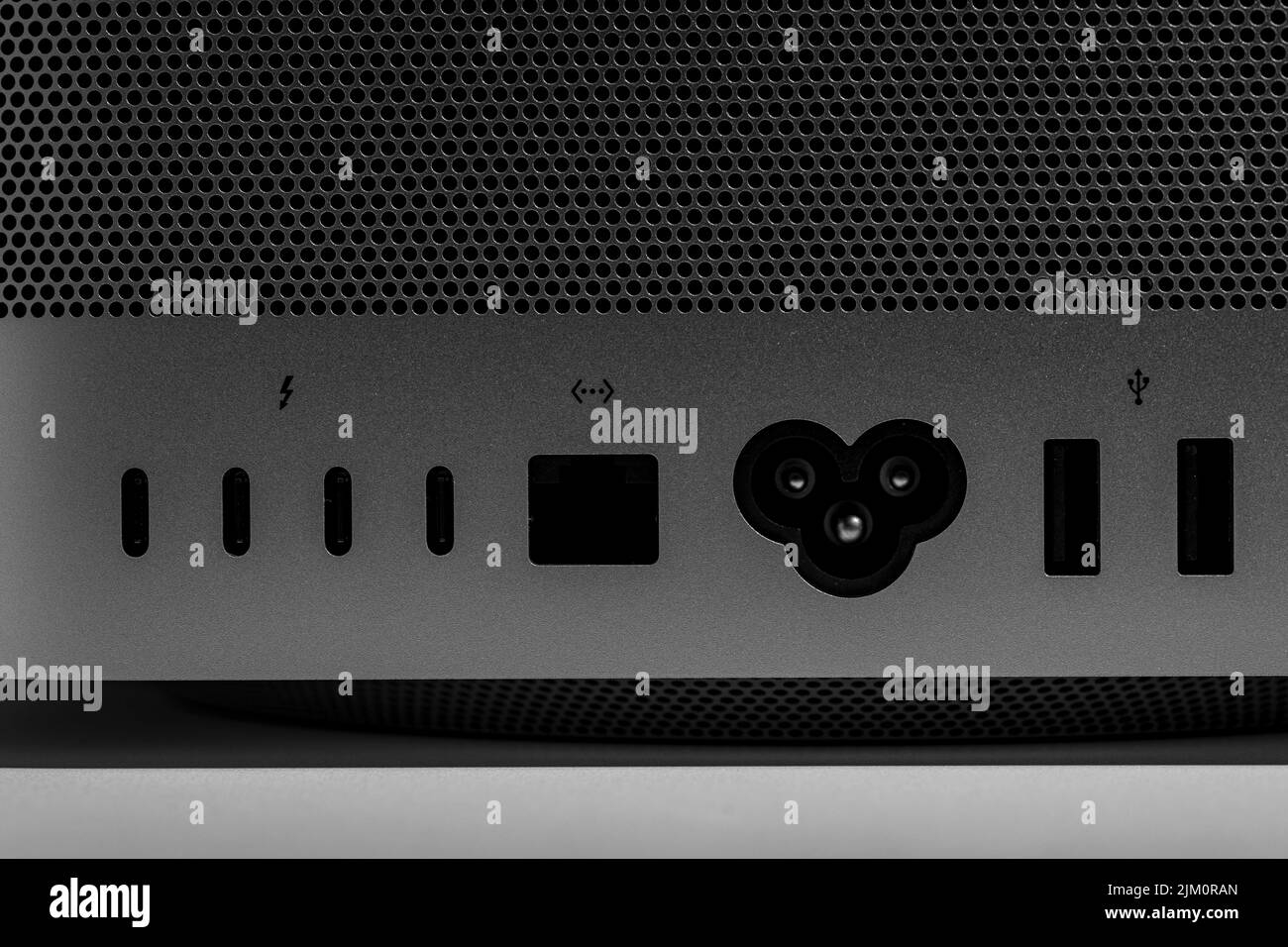 Thunderbolt, Ethernet, Power connection low key still life of new ...
