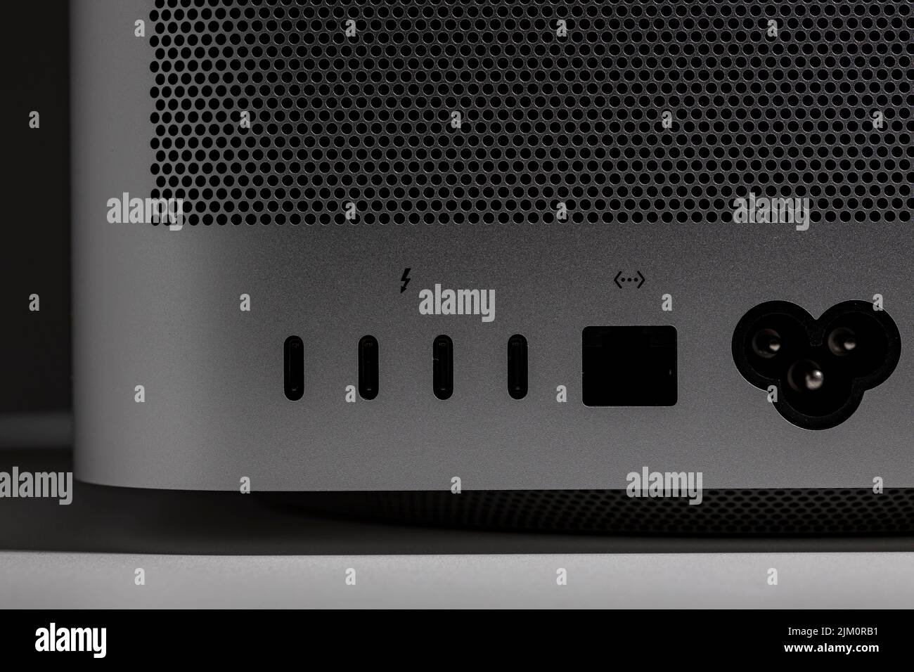 Ethernet and Thunderbolt ports macro low key still life of modern ...