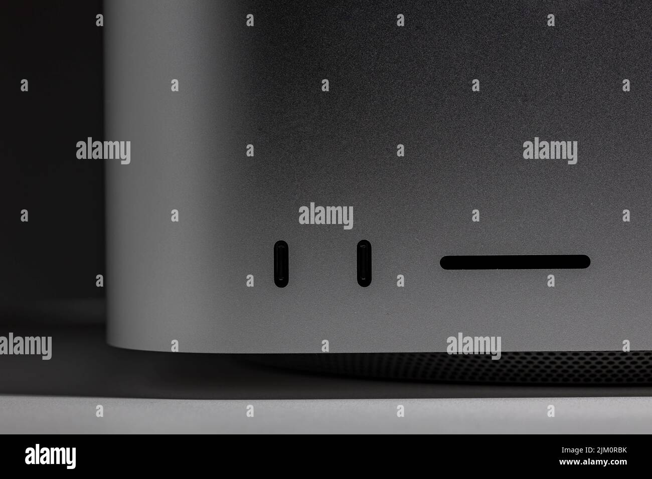 Card slot and USB-C slots closeup low key still life of modern new ...