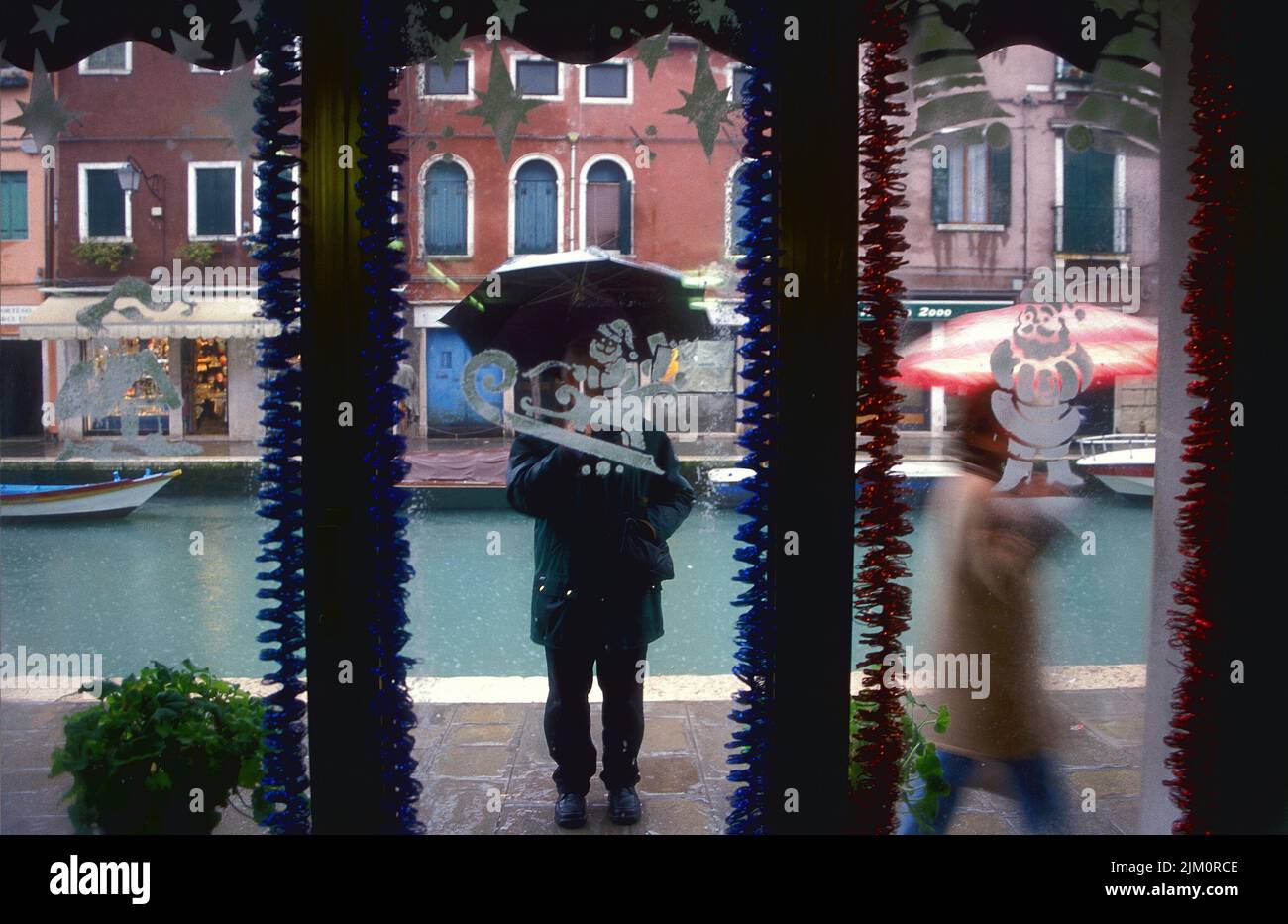 Venice street scene, through cafe shop window, Murano, Venice, Italy ...