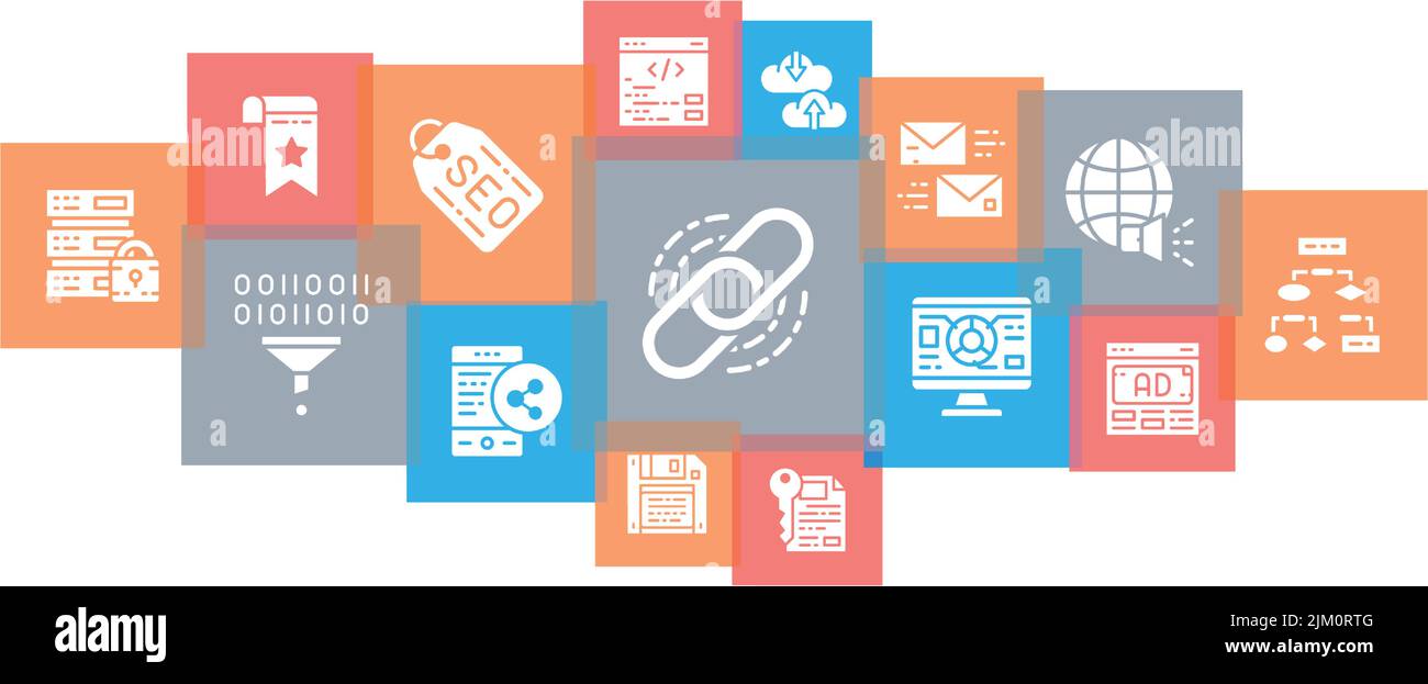 SEO line icons banner. Bookmark, Hosting, Hyperlink, Advertisement ...