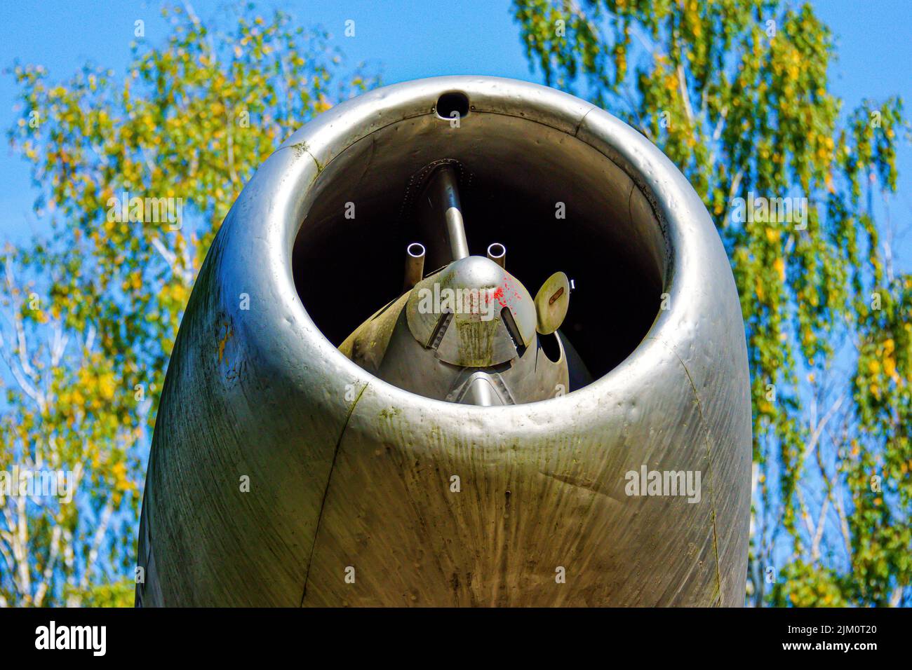 A low angle closeup of a rusted metal airplane wing with lush greenery ...