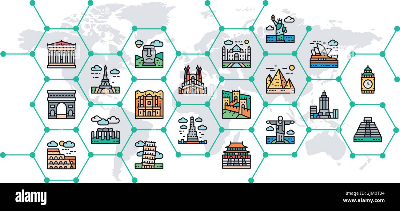 Travel Landmark presentation banner with colored icons. Egypt, Italy ...