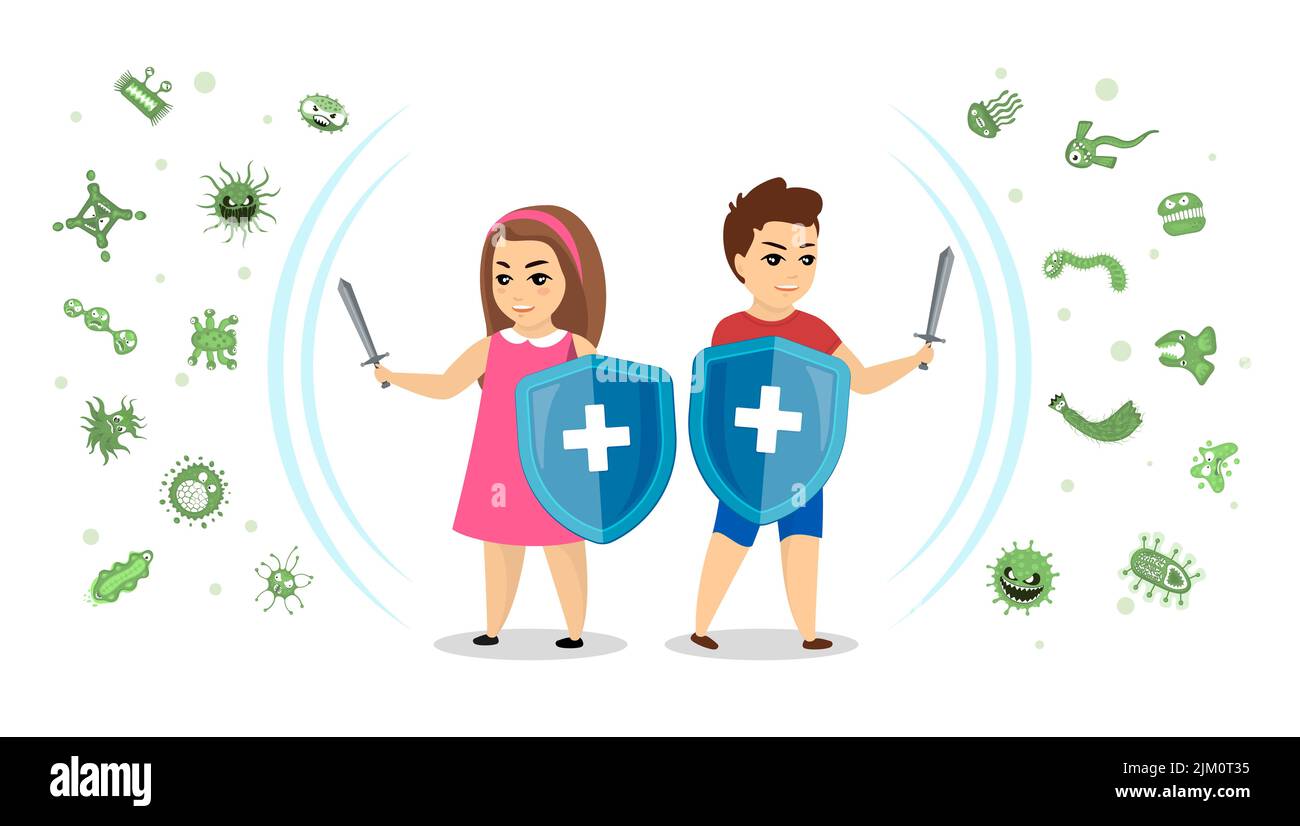 Children health care and epidemiology concept. Young boy and girl with ...