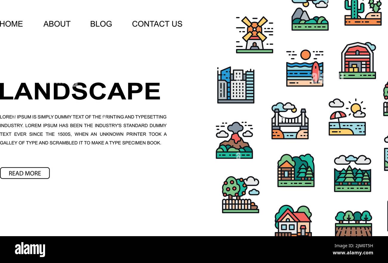 Landscape landing page design template. Bridge, Forest, Garden, Volcano ...