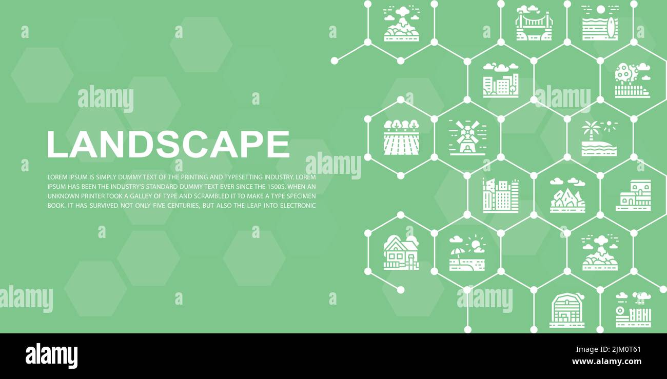 Landscape web page design template. Bridge, Forest, Garden, Volcano ...