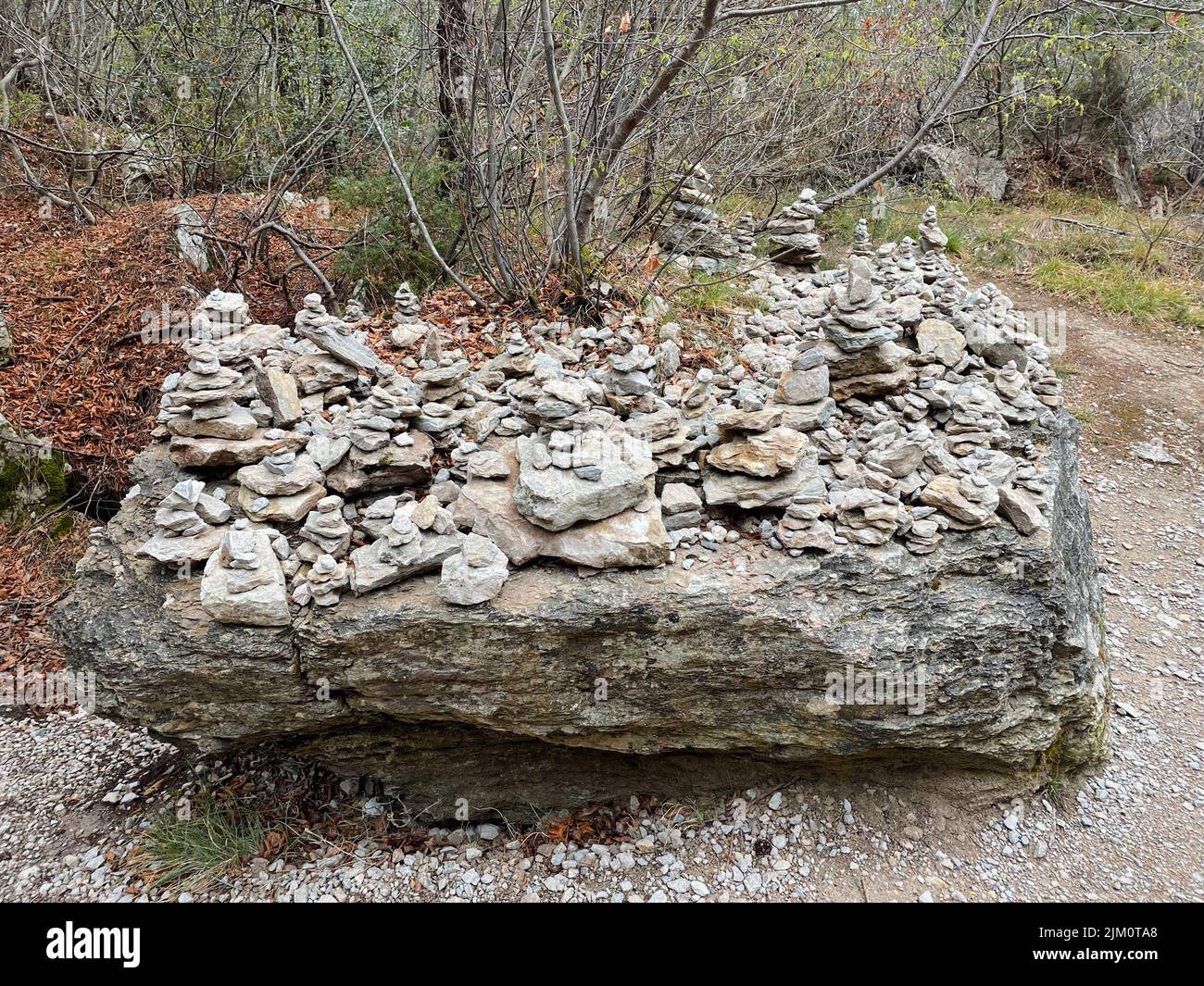 A different sized stones on top of a big stone in a forest Stock Photo ...