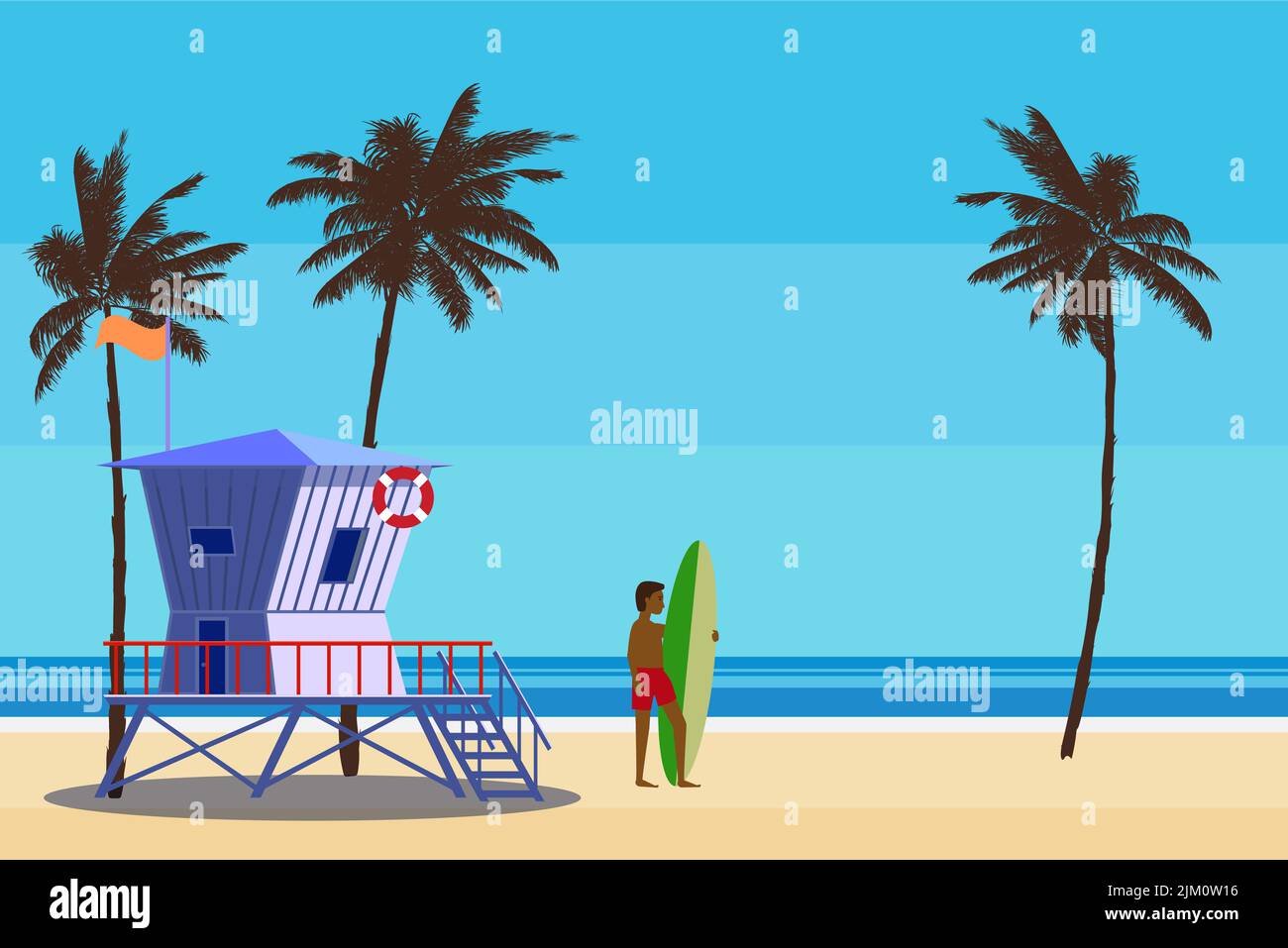 Lifeguard station on the beach palms, surfer, coast ocean, sea. Summer ...