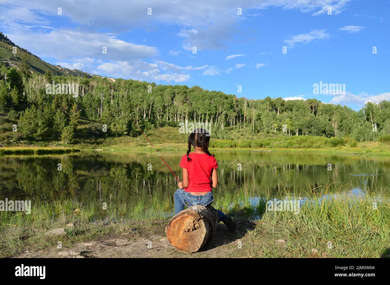 A back view of a young girl with braids fishing in a lake Stock Photo ...