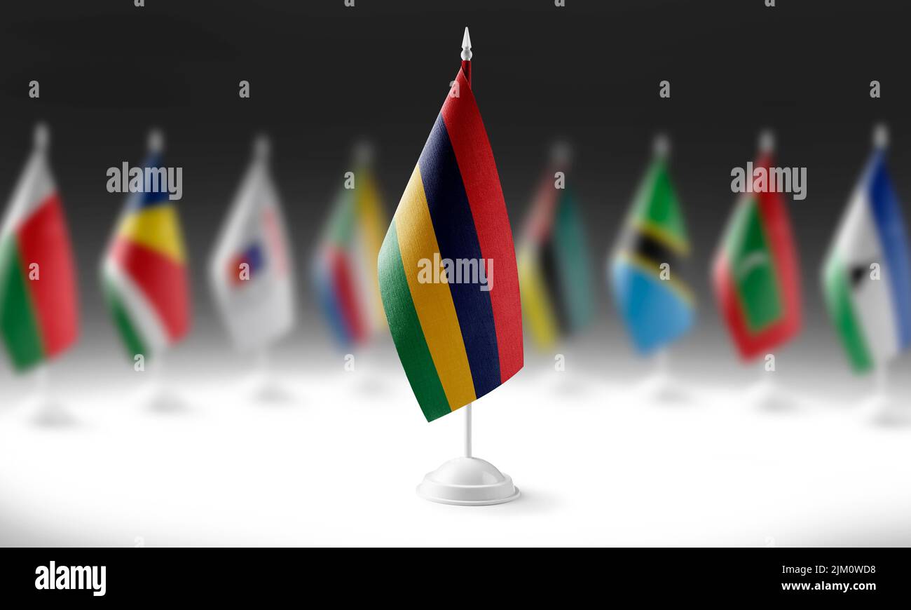 The national flag of the Mauritius on the background of flags of other ...