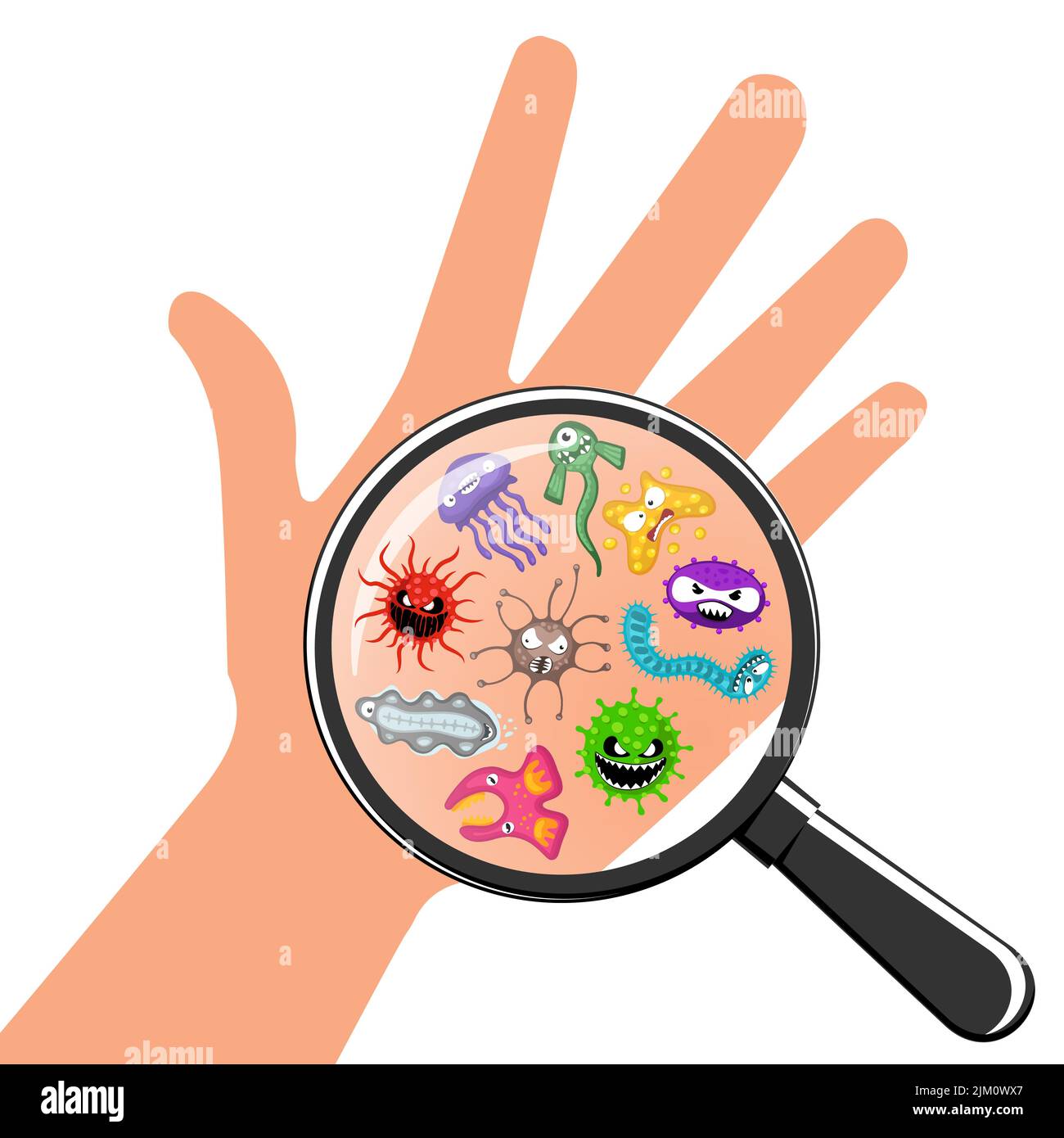 Germs and bacteria characters on human hand through magnifying glass ...