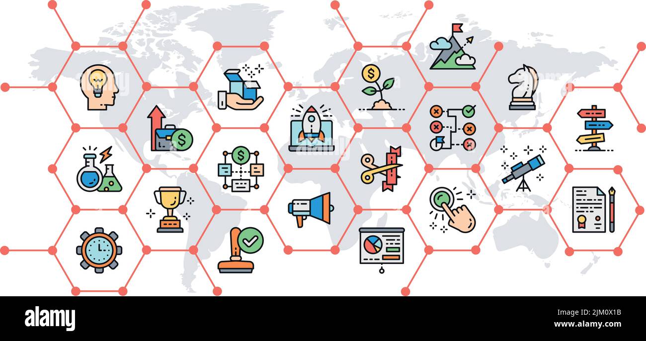 Start up presentation banner with colored icons. Time management, idea ...