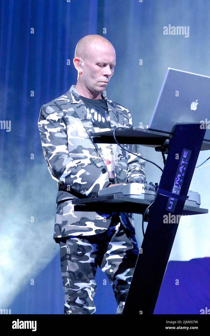 A closeup of Vince Clarke of Erasure performing at the Greek Theatre in Los Angeles, California ...