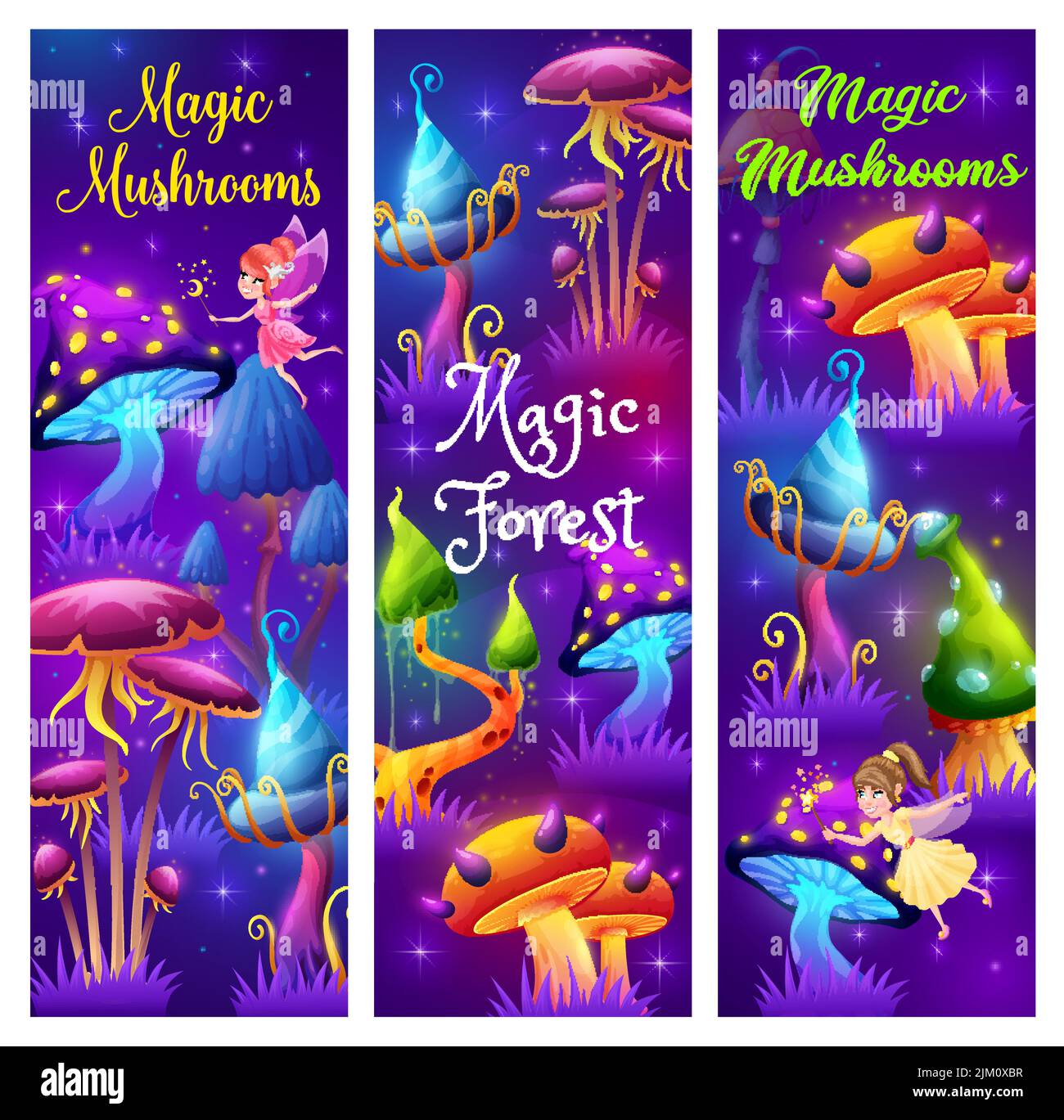 Magic mushrooms in fairytale forest. Glowing fluorescent light fantasy ...