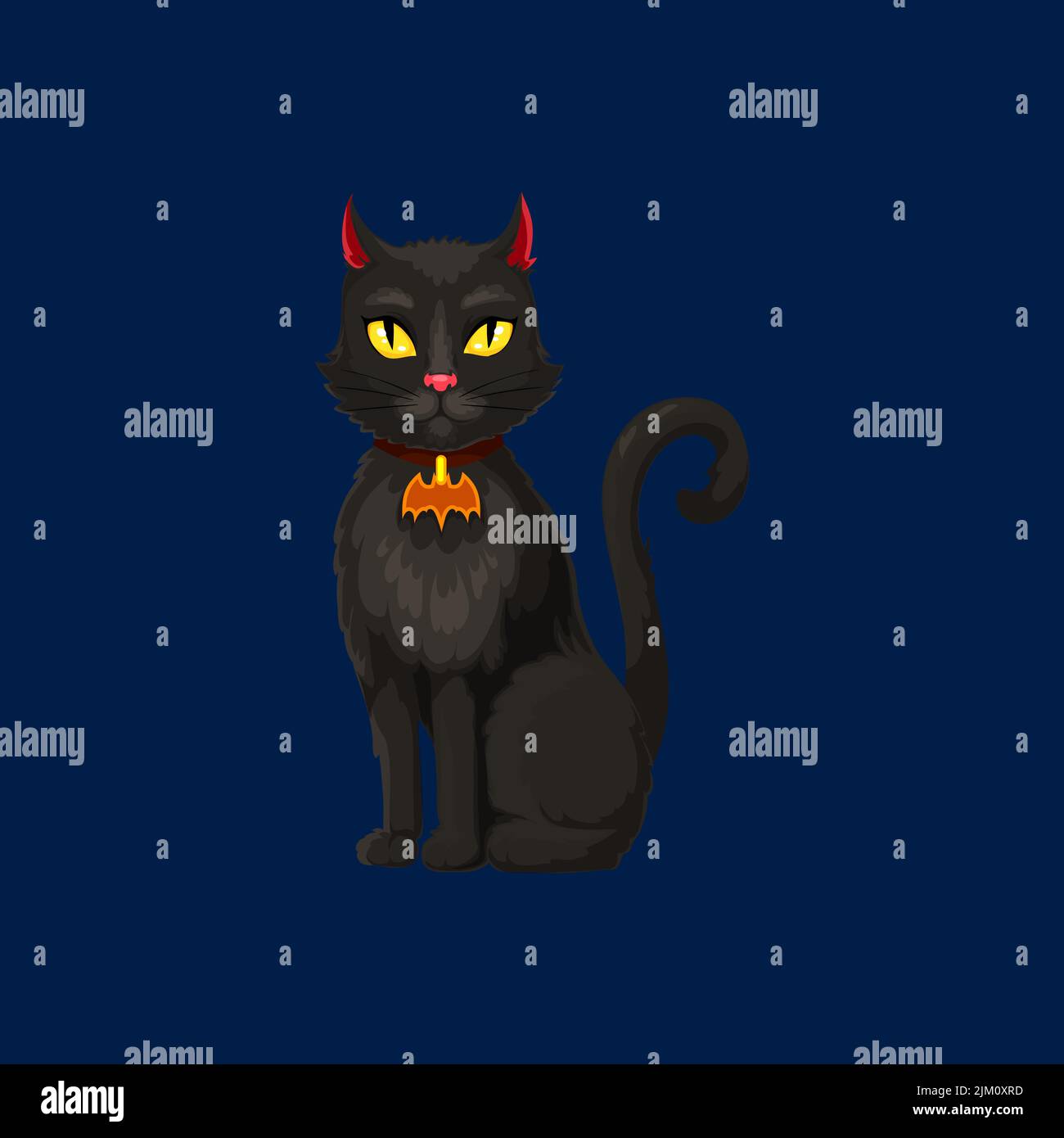Cartoon cat spooky Halloween character, black cat personage wear collar ...