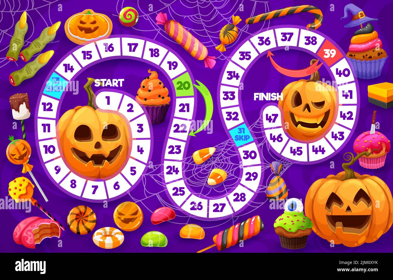 Cartoon Halloween holiday pumpkins, sweets and candies. Kids step board ...