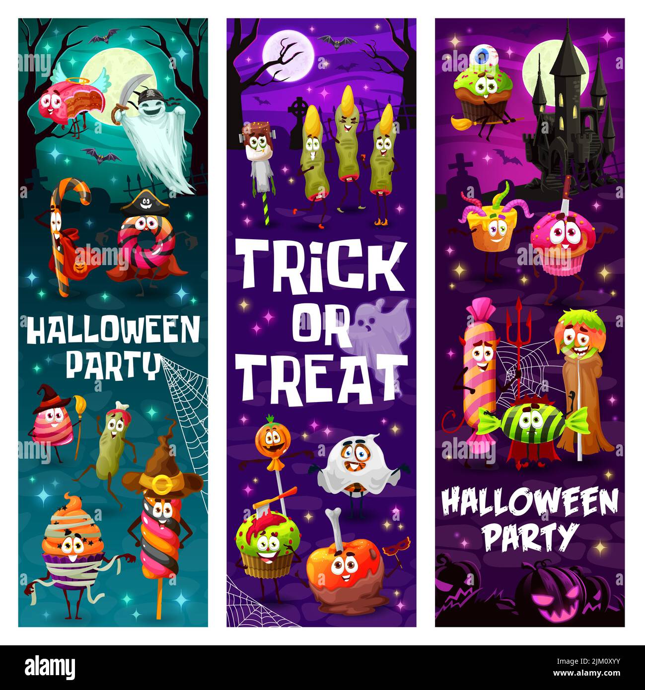 Halloween party banners, cartoon Halloween candy characters in horror ...