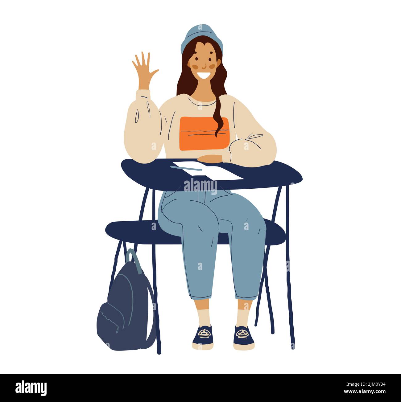 Back to school, modern happy girl student studying at her desk. Flat ...