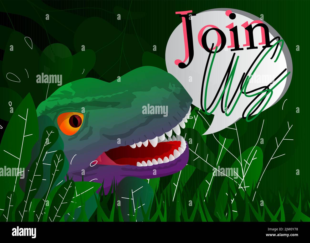 Dinosaur with speech bubble saying Join Us word. Tyrannosaurus Rex with ...