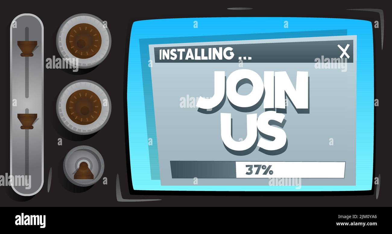 Cartoon Computer With the word Join Us. Message of a screen displaying ...